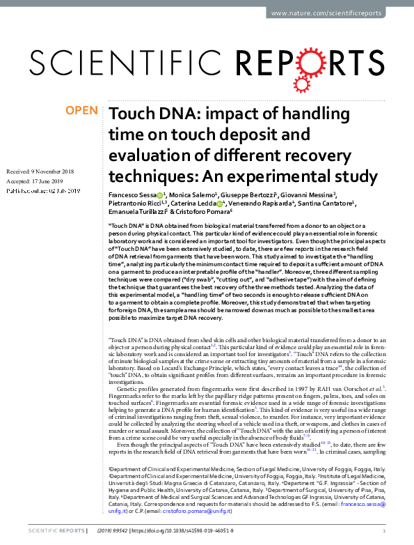 (PDF) Touch DNA: impact of handling time on touch deposit and ...