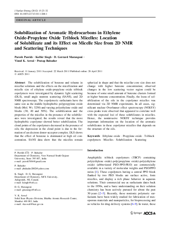 (PDF) Solubilization of aromatic hydrocarbons in ethylene oxide ...