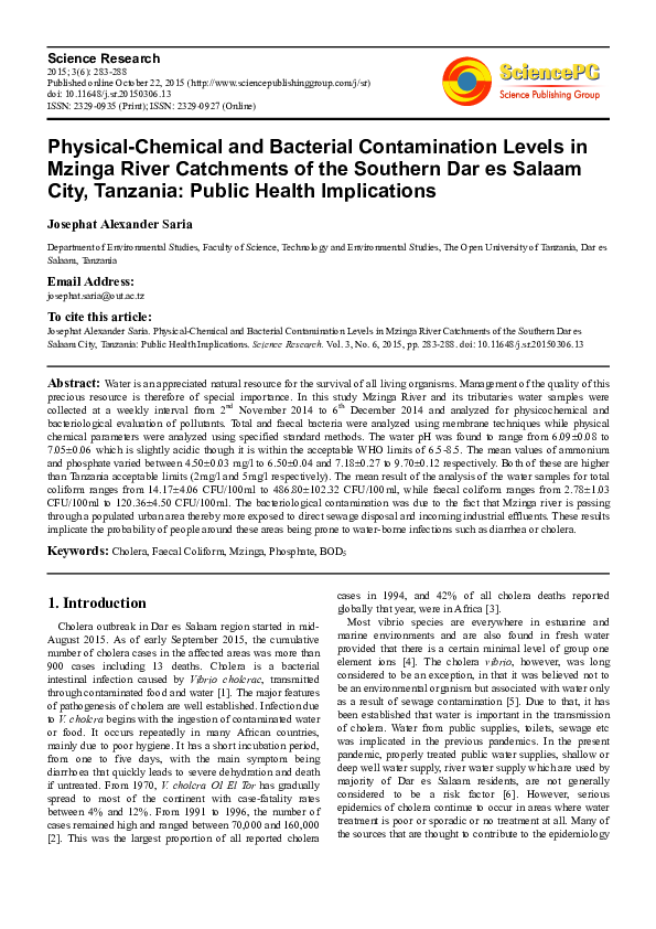 (PDF) Physical-Chemical and Bacterial Contamination Levels in Mzinga ...