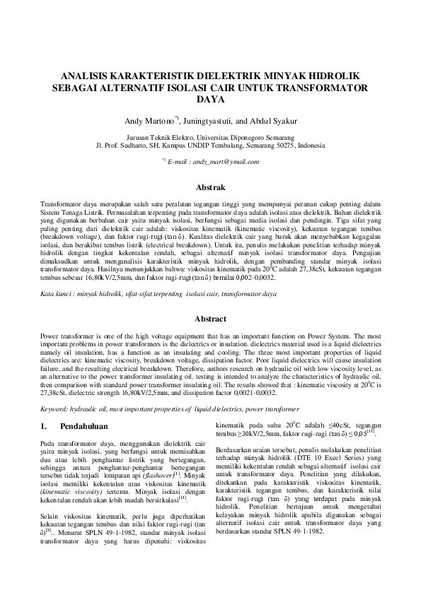 (PDF) Analisis Karakteristik Dielektrik Minyak Hidrolik Sebagai ...