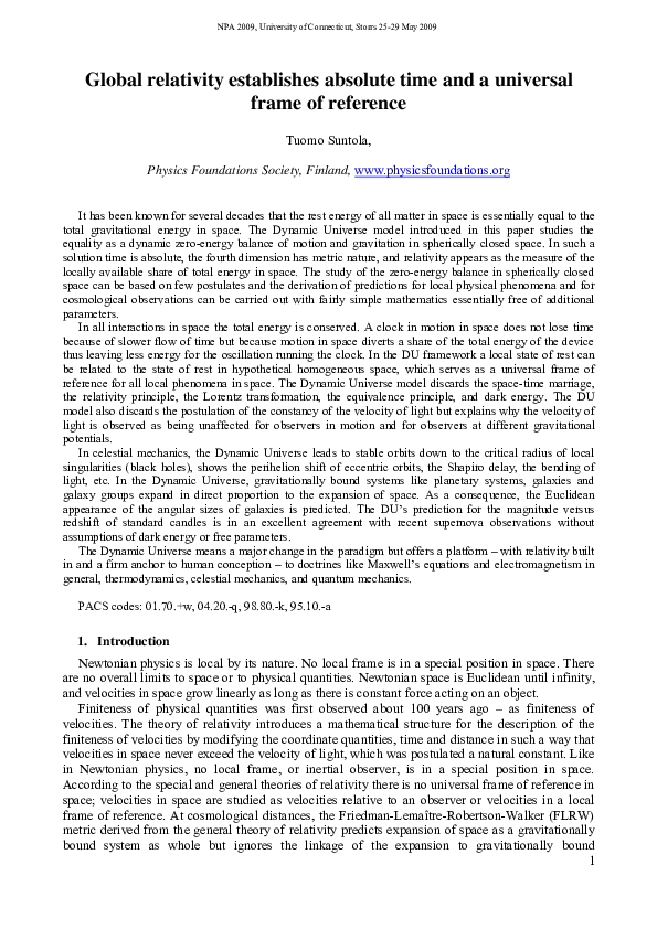 (PDF) Global relativity establishes absolute time and a universal frame ...