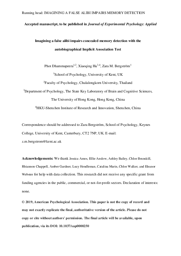 (PDF) False Alibi Impairs Memory Detection in aIAT