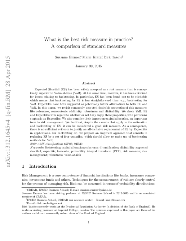 (PDF) What is the Best Risk Measure in Practice? A Comparison of ...