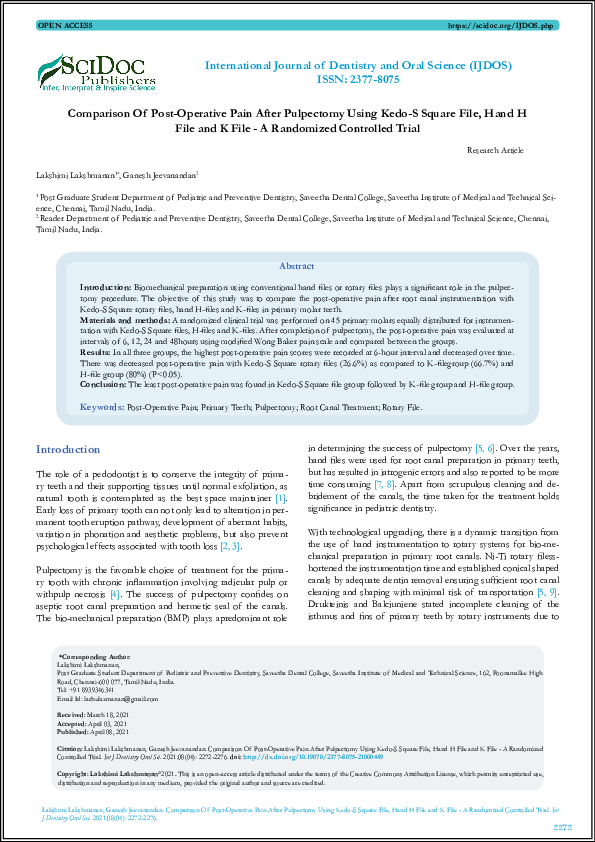 (PDF) Comparison Of Post-Operative Pain After Pulpectomy Using Kedo-S ...