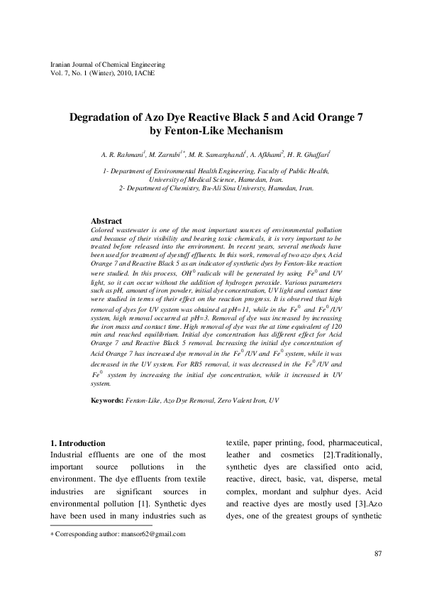 (PDF) Degradation of Azo Dye Reactive Black 5 and acid orange 7 by Fenton-like mechanism