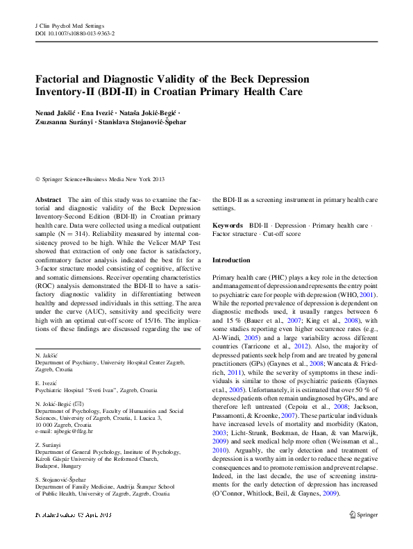 (PDF) Factorial and Diagnostic Validity of the Beck Depression ...