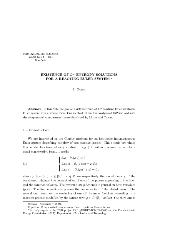 Pdf Existence Of L ∞ Entropy Solutions For A Reacting Euler System