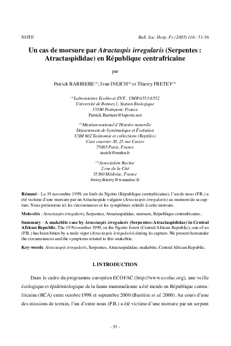 (PDF) Un cas de morsure par Atractaspis irregularis (Serpentes ...