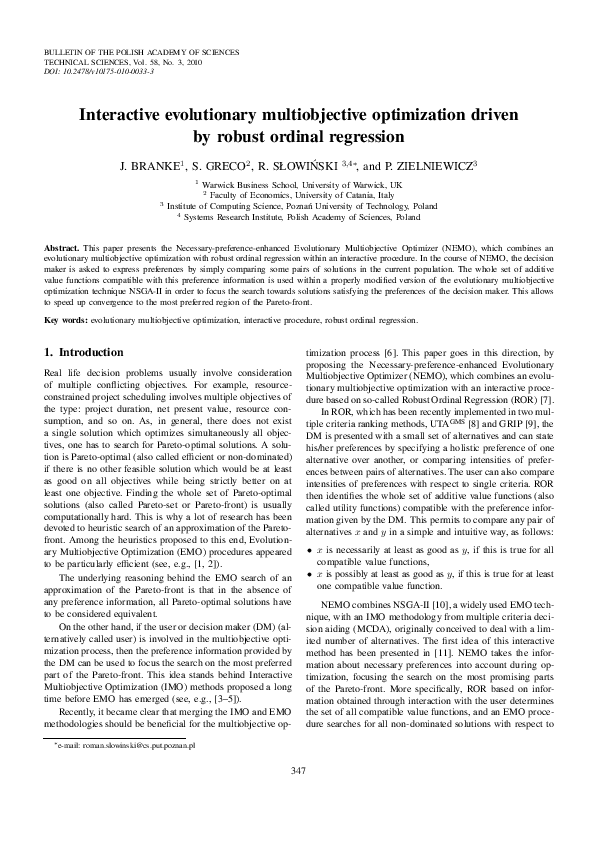 (PDF) Interactive evolutionary multiobjective optimization driven by robust ordinal regression