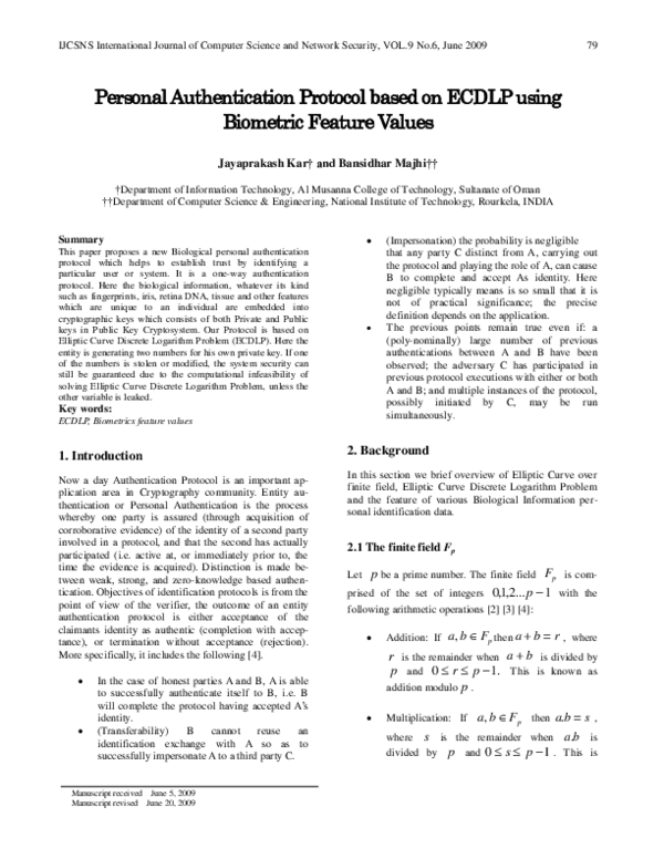 Pdf Personal Authentication Protocol Based On Ecdlp Using Biometric Feature Values