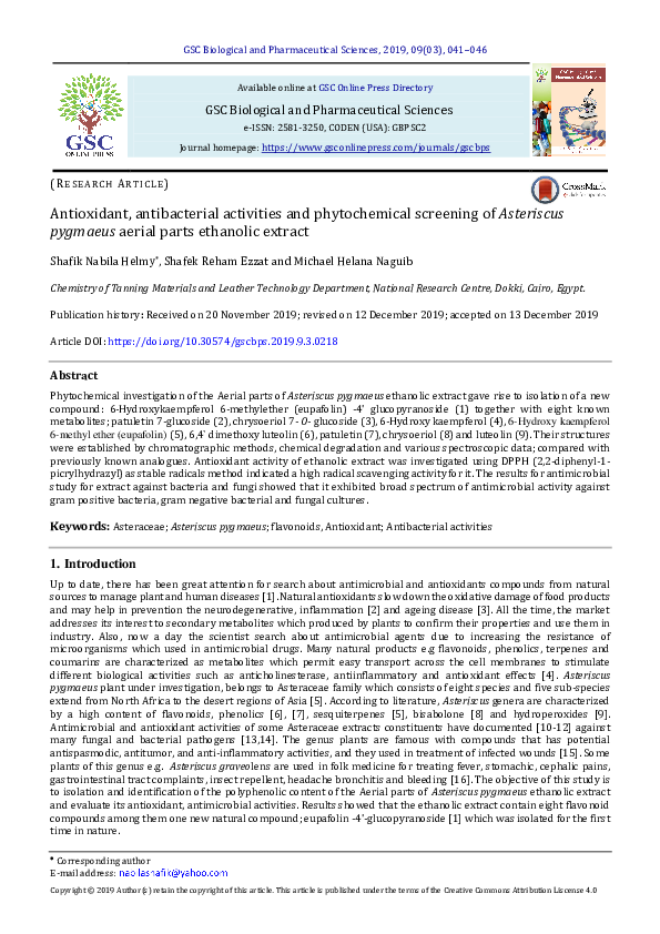 (PDF) Antioxidant, antibacterial activities and phytochemical screening of Asteriscus pygmaeus ...