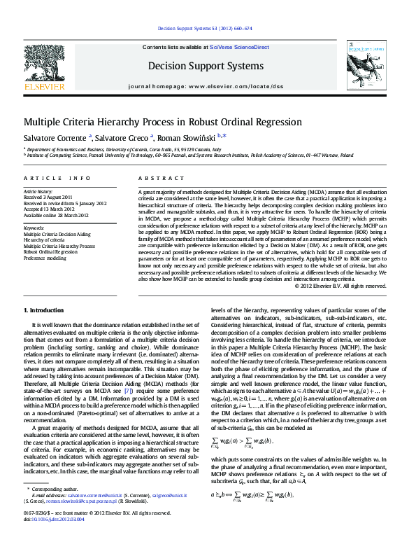 Pdf Multiple Criteria Hierarchy Process In Robust Ordinal Regression