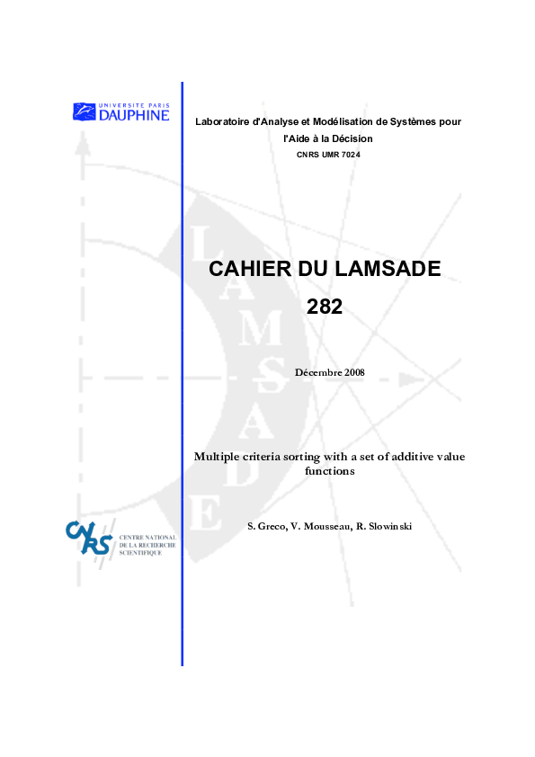 Pdf Multiple Criteria Sorting With A Set Of Additive Value Functions