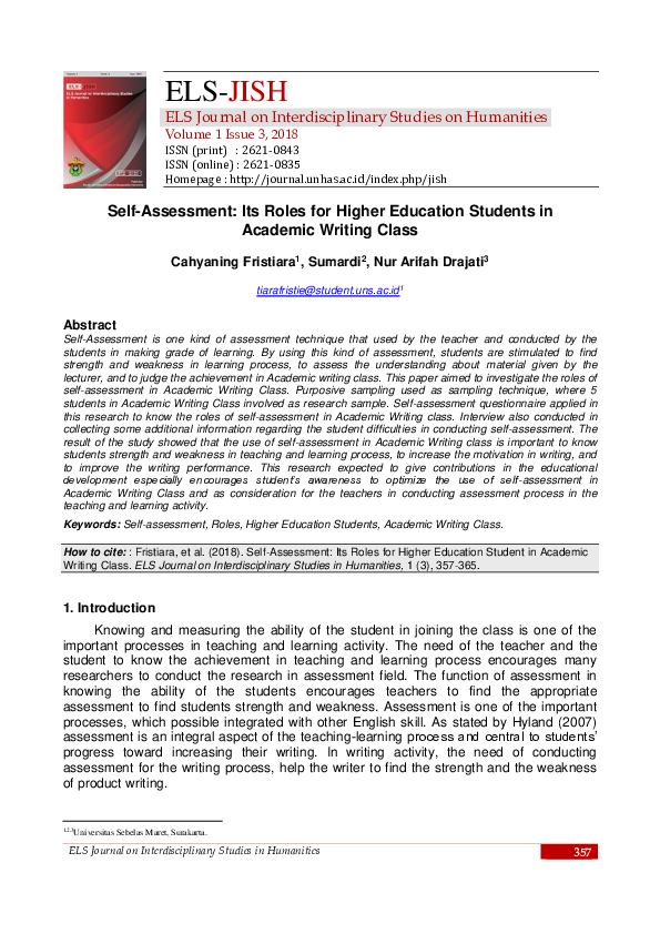 (PDF) Self-Assessment: Its Roles for Higher Education Students In ...