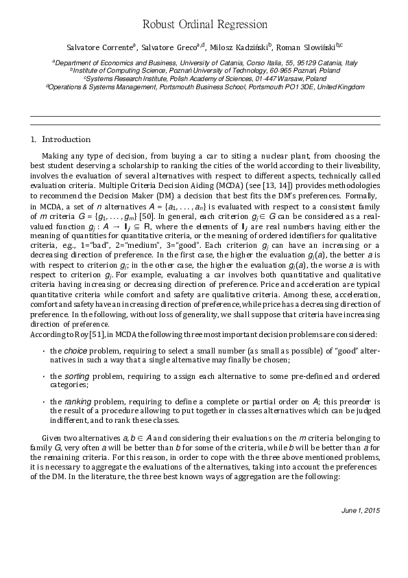 Pdf Robust Ordinal Regression For Dominance Based Rough Set Approach To Multiple Criteria