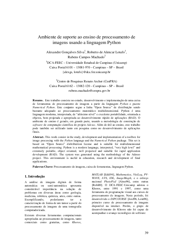 (PDF) Ambiente de suporte ao ensino de processamento de imagens usando a linguagem Python