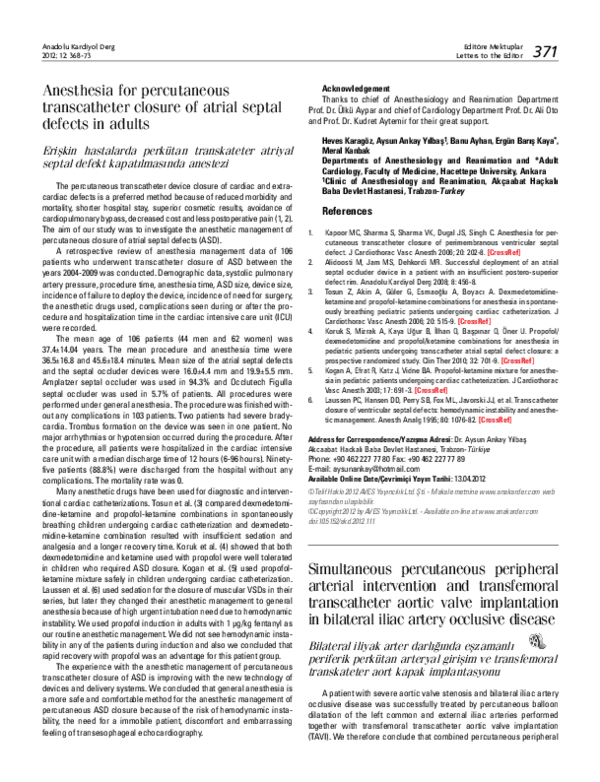 (PDF) Anesthesia for percutaneous transcatheter closure of atrial ...