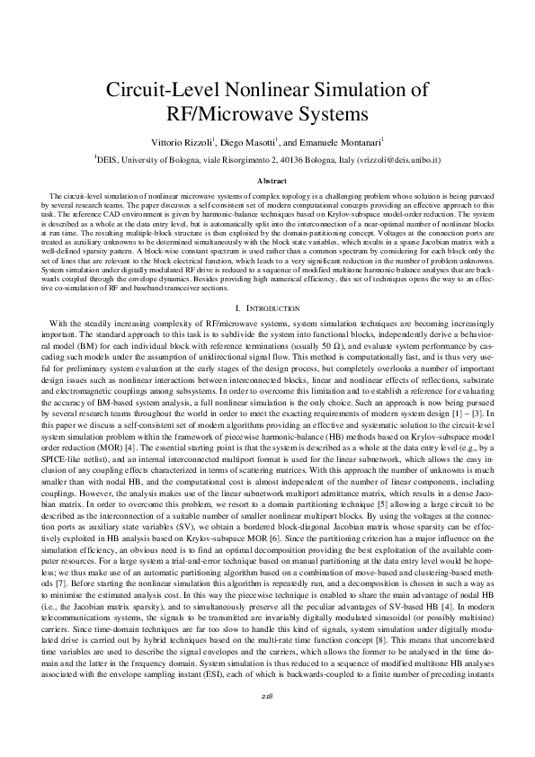 Pdf Circuit Level Nonlinear Simulation Of Rfmicrowave Systems