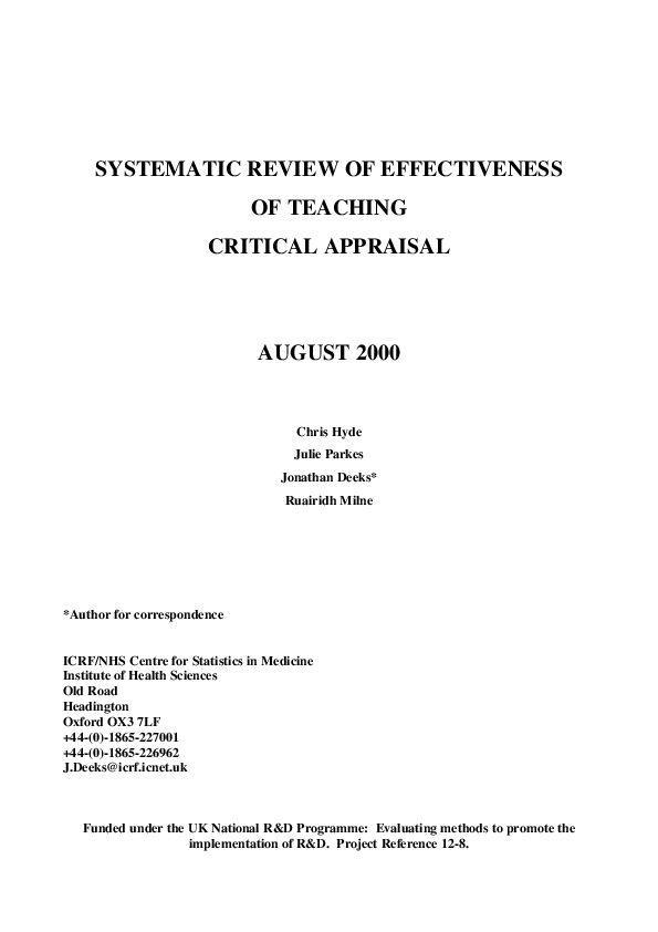 (PDF) Systematic review of effectiveness of teaching critical appraisal