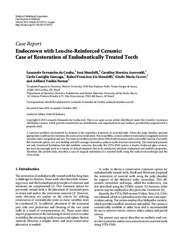 (PDF) Endocrown with Leucite-Reinforced Ceramic: Case of Restoration of ...