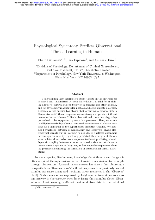 (PDF) Physiological Synchrony Predicts Observational Threat Learning in ...
