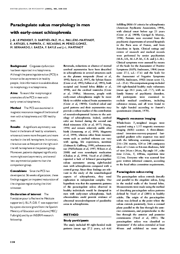 (PDF) Paracingulate sulcus morphology in men with early-onset schizophrenia