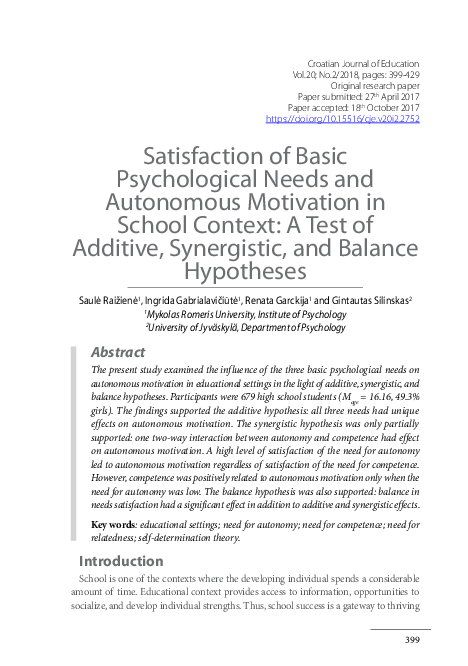 (PDF) Satisfaction of Basic Psychological Needs and Autonomous ...
