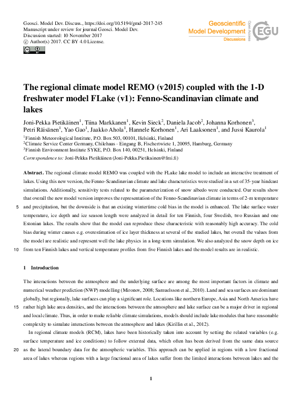 (PDF) The regional climate model REMO (v2015) coupled with the 1-D ...