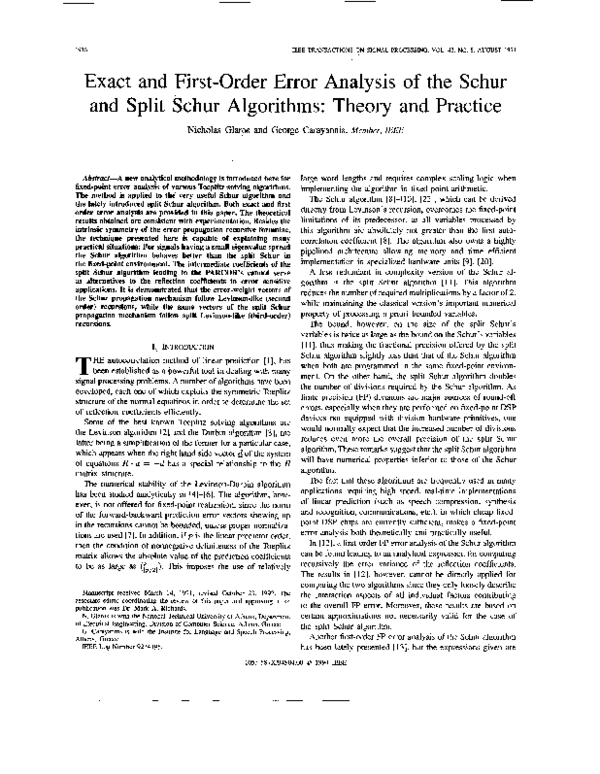 (PDF) Exact and first-order error analysis of the Schur and split Schur ...