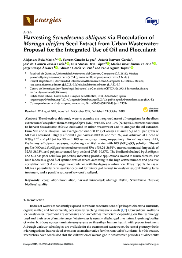 (PDF) Flocculation of Moringa for Algae Harvesting