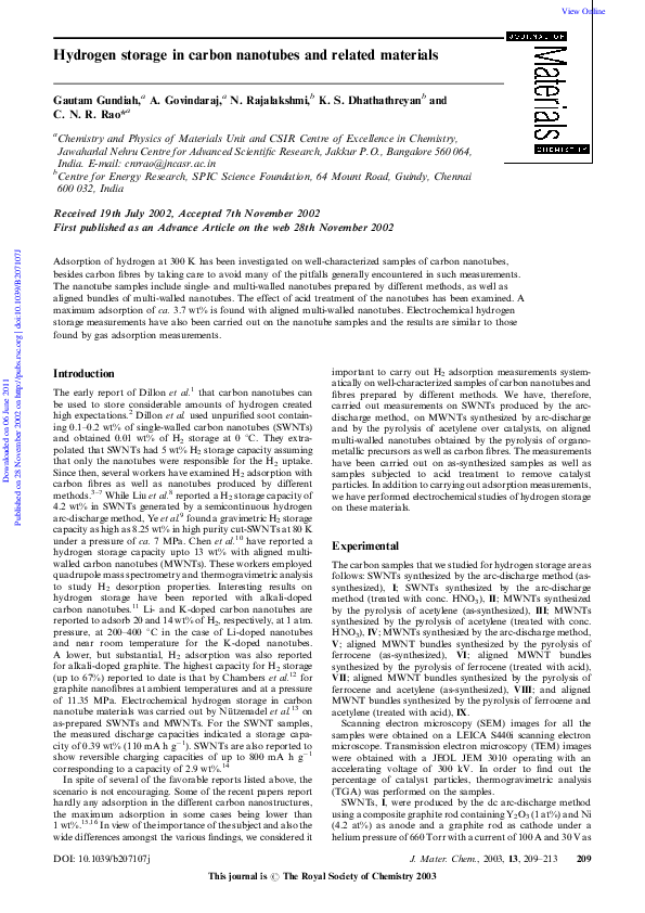(PDF) Hydrogen storage in carbon nanotubes and related materials