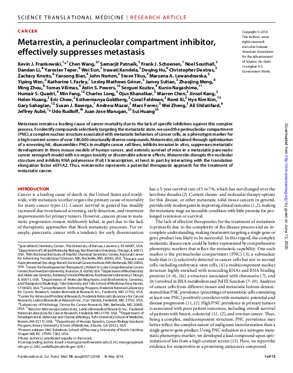 (PDF) Metarrestin, a perinucleolar compartment inhibitor, effectively ...