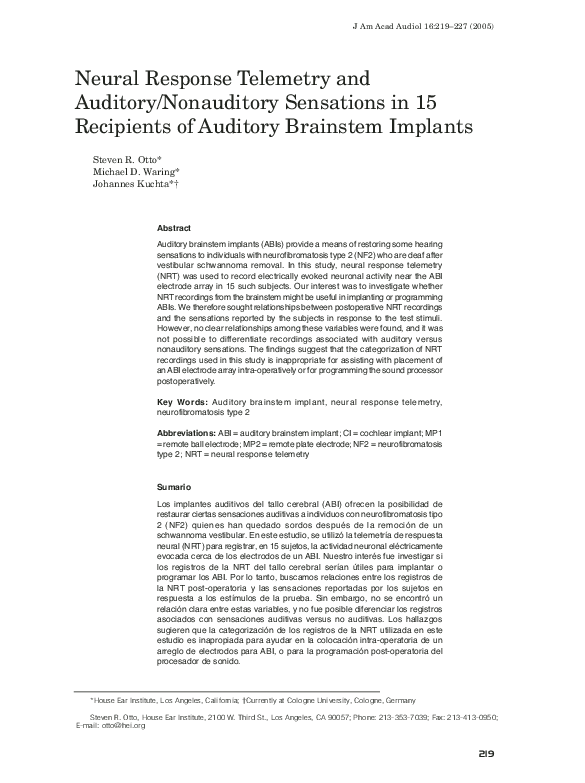 (PDF) Neural Response Telemetry and Auditory/Nonauditory Sensations in ...
