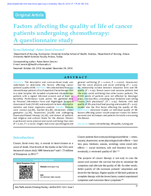 (PDF) Factors affecting the quality of life of cancer patients ...
