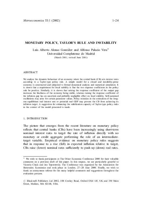 (PDF) Monetary Policy, Taylor's Rule and Instability