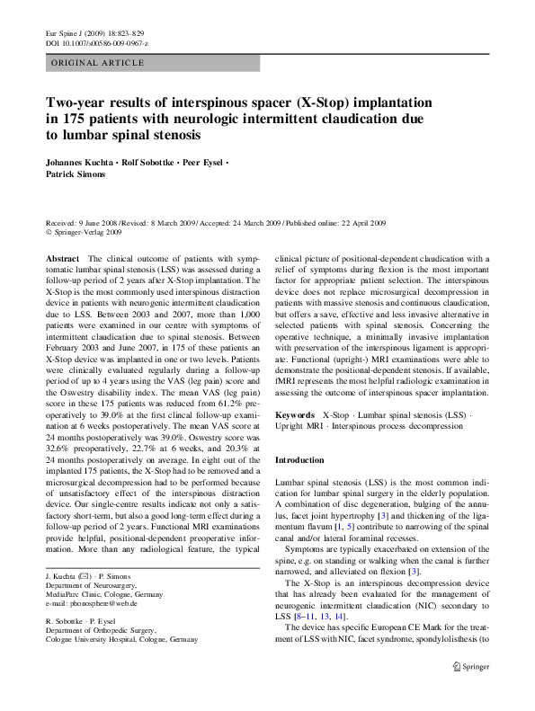 (PDF) Two-year results of interspinous spacer (X-Stop) implantation in ...