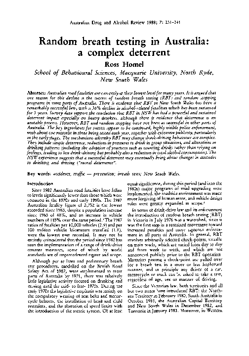 (PDF) Random breath testing in Australia: a complex deterrent