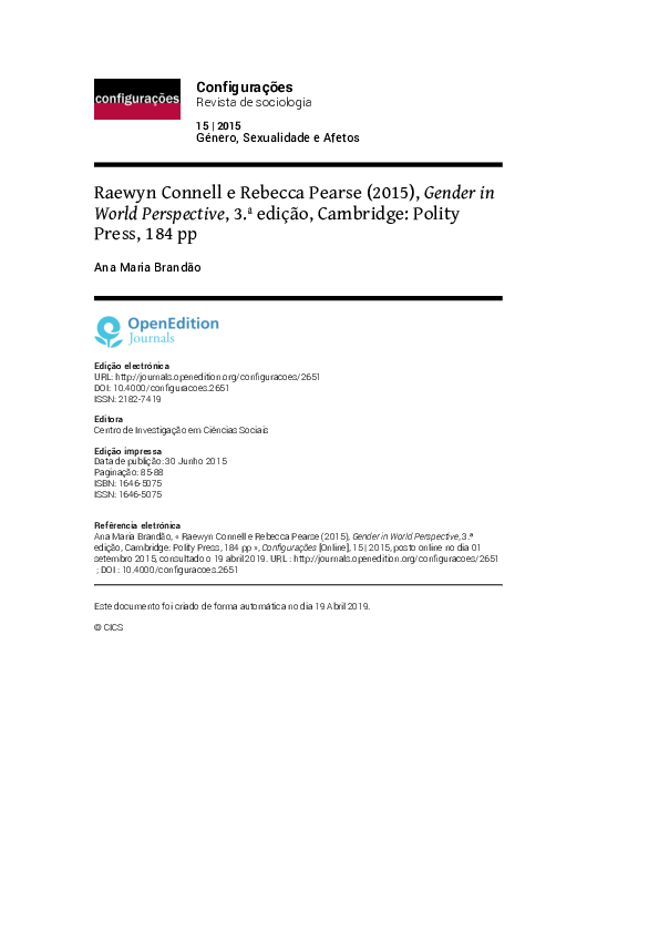 (PDF) Raewyn Connell e Rebecca Pearse (2015), Gender in World ...