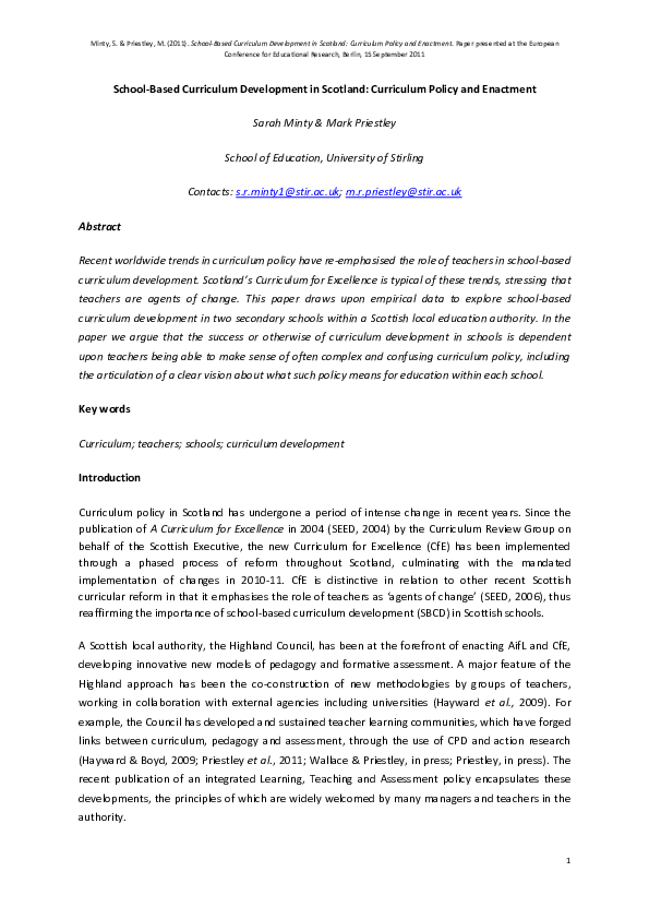 (PDF) School-based curriculum development in Scotland: curriculum policy and enactment
