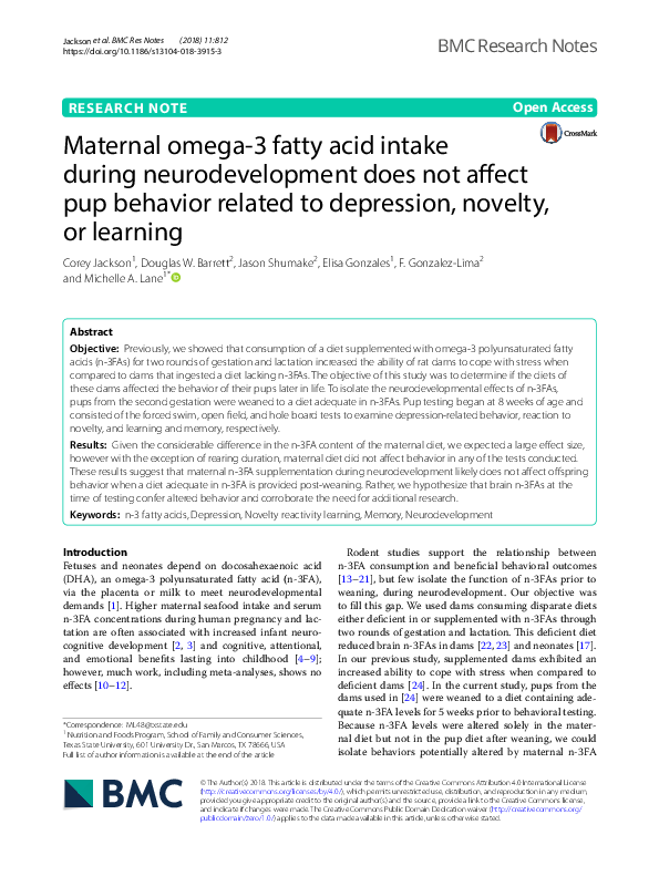 (PDF) Maternal omega-3 fatty acid intake during neurodevelopment does ...
