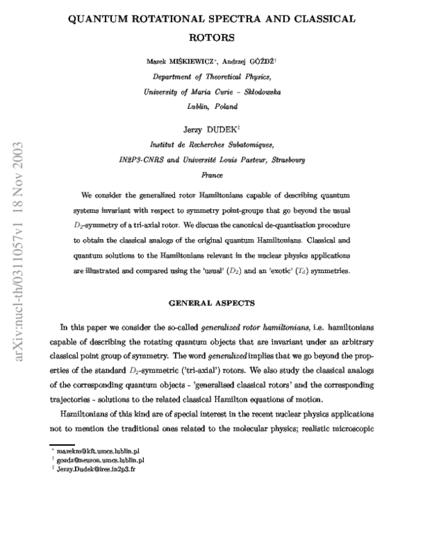 (PDF) Quantum Rotational Spectra and Classical Rotors