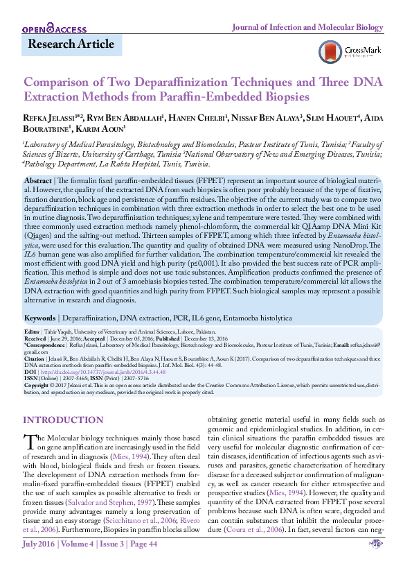 (PDF) Comparison of Two Deparaffinization Techniques and Three DNA ...