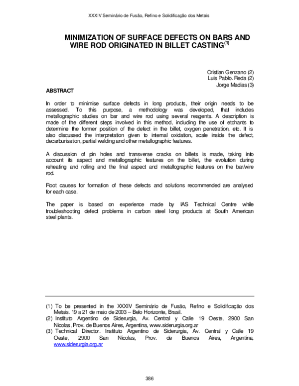 (PDF) Minimization of surface defects on bars and wire rods originated in billet casting