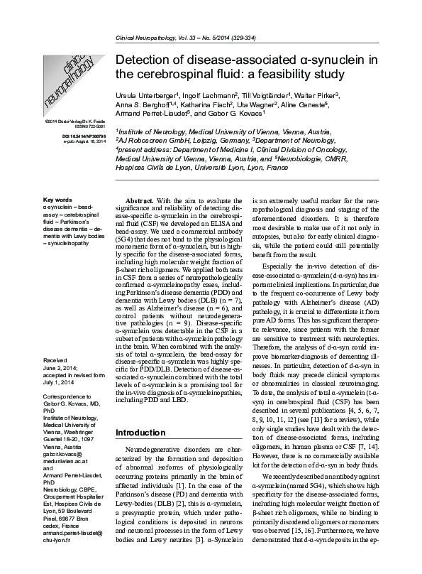 (PDF) Detection of disease-associated Î±-synuclein in the cerebrospinal fluid: a feasibility ...