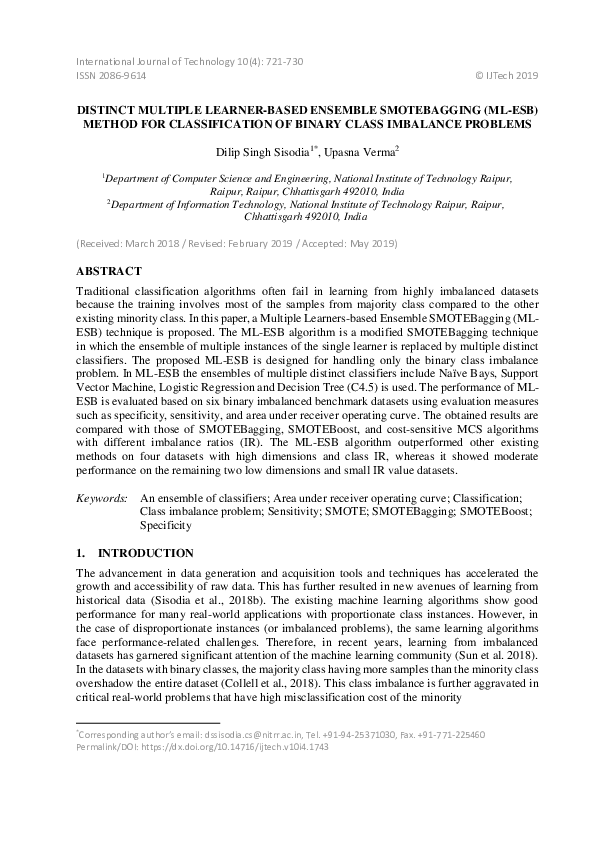 (PDF) Distinct Multiple Learner-Based Ensemble SMOTEBagging (ML-ESB) Method for Classification ...