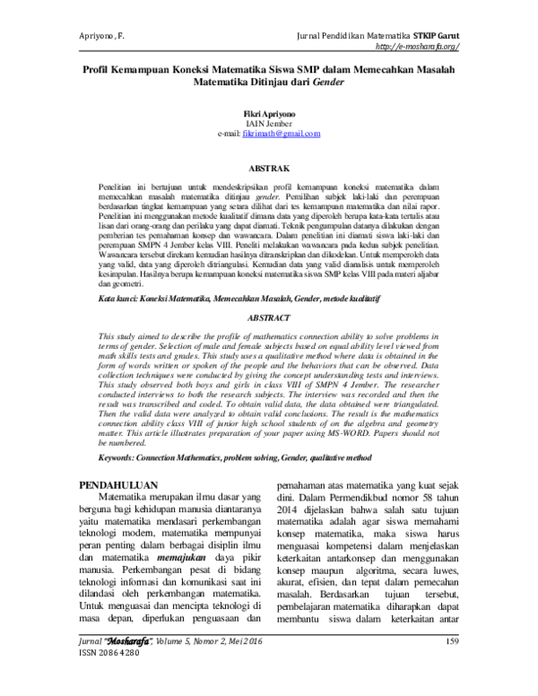 (PDF) Profil Kemampuan Koneksi Matematika Siswa SMP dalam Memecahkan Masalah Matematika Ditinjau ...