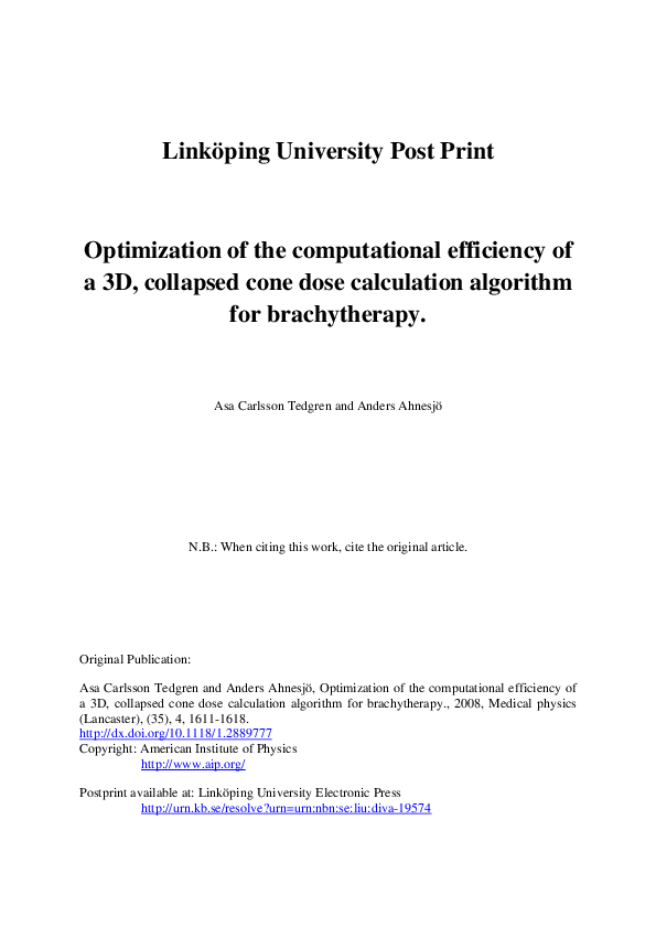 Pdf Optimization Of The Computational Efficiency Of A 3d Collapsed Cone Dose Calculation