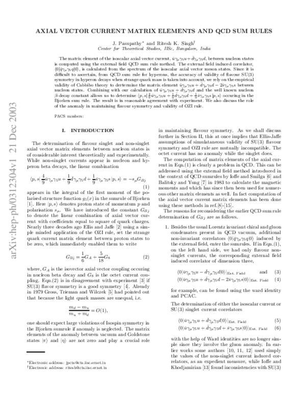 (PDF) Axial Vector Current Matrix Elements and QCD Sum Rules