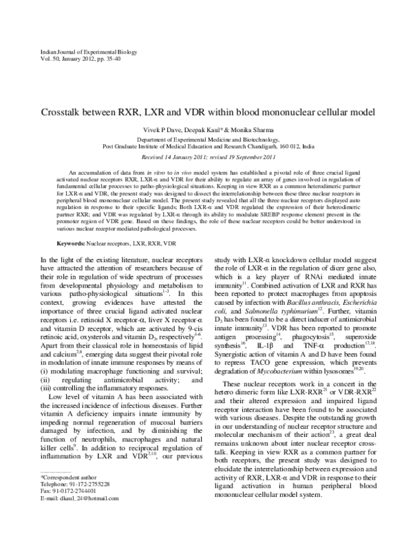 (PDF) Crosstalk between RXR, LXR and VDR within blood mononuclear ...