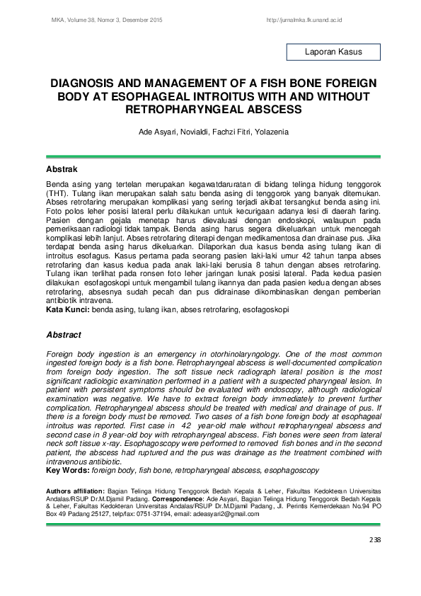 (PDF) Diagnosis and Management of a Fish Bone Foreign Body at ...